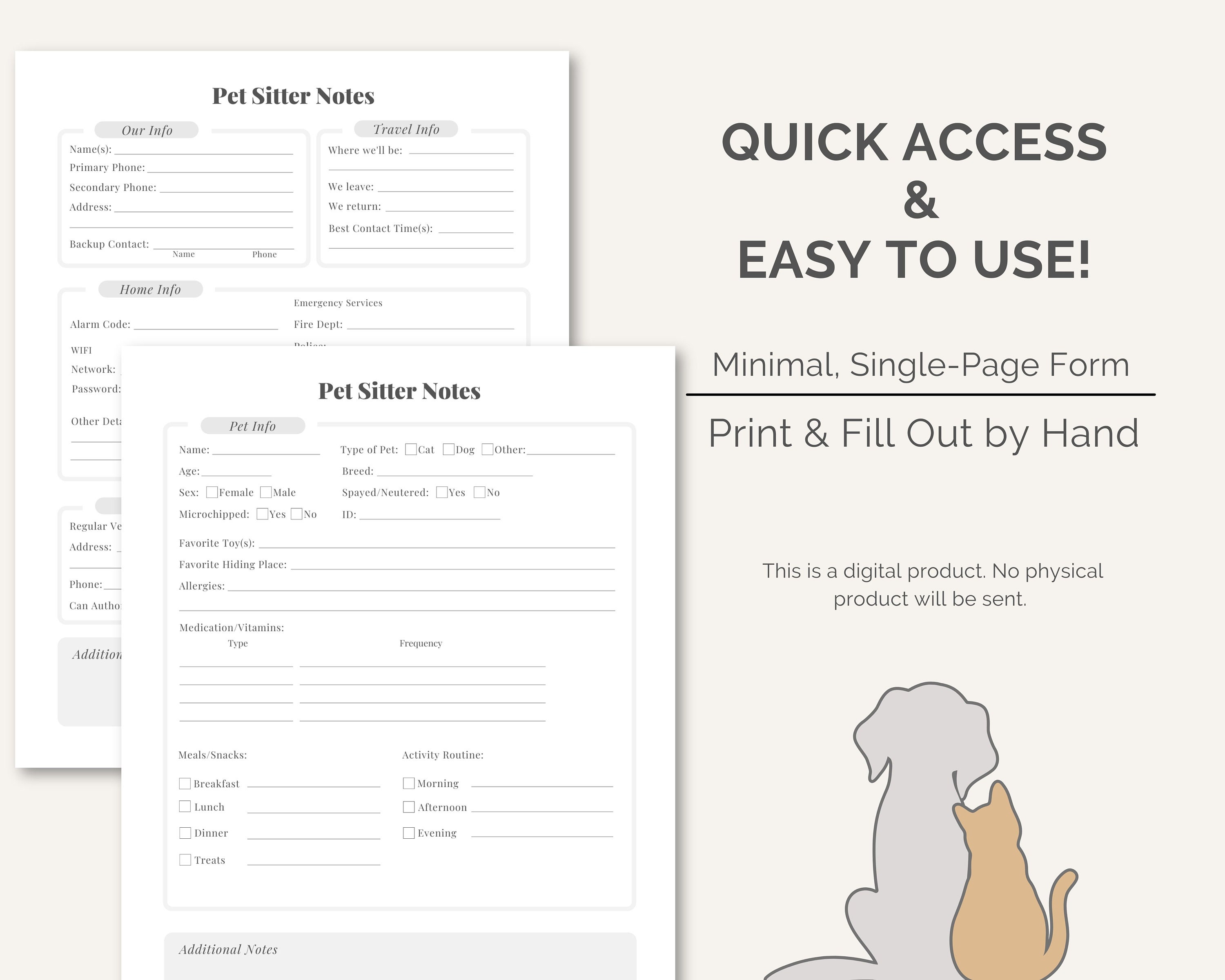 Pet Sitter Notes Printable PDF 2pg Owner Info Template dog, Cat, or ...