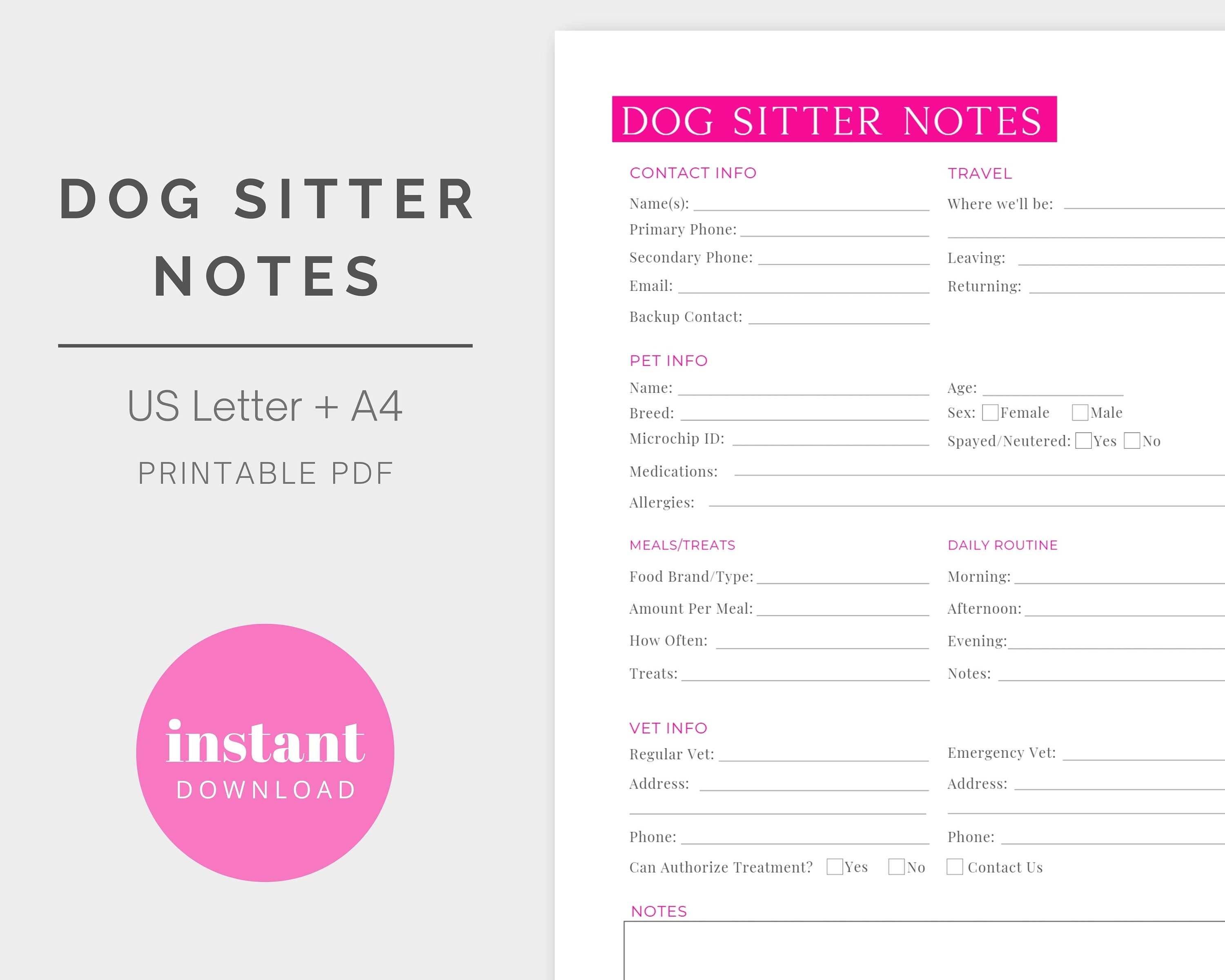 Dog Sitter Notes Printable PDF Puppy Care Owner Info Template Pet ...