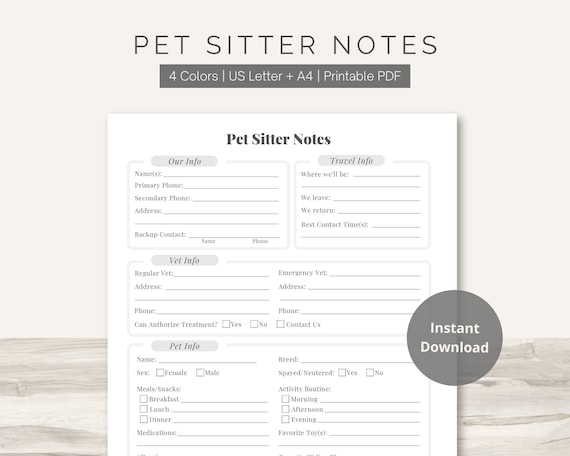 Pet Sitter Notes Printable PDF Owner Info Template dog - Etsy