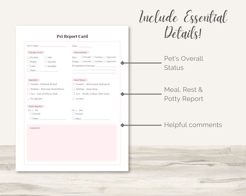 Pet Report Card Printable PDF Pink Editable Pet Owner Info Template Pet ...