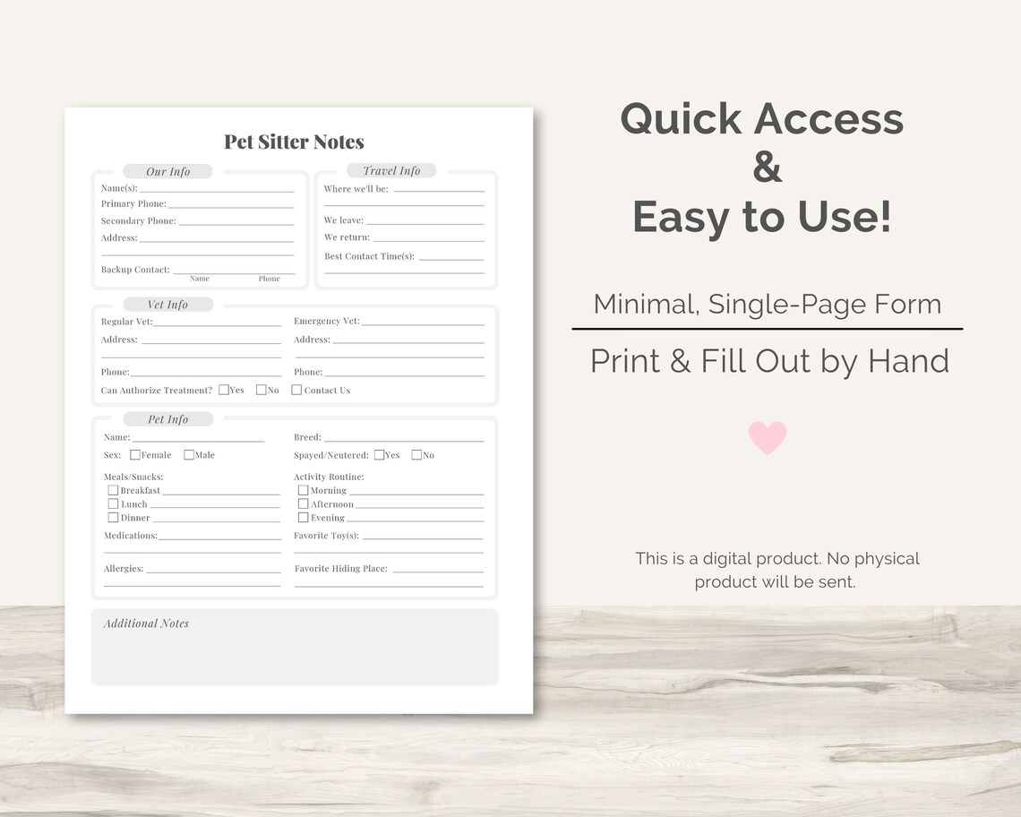 Pet Sitter Notes Printable PDF | Owner Info Template (dog, Cat, or ...