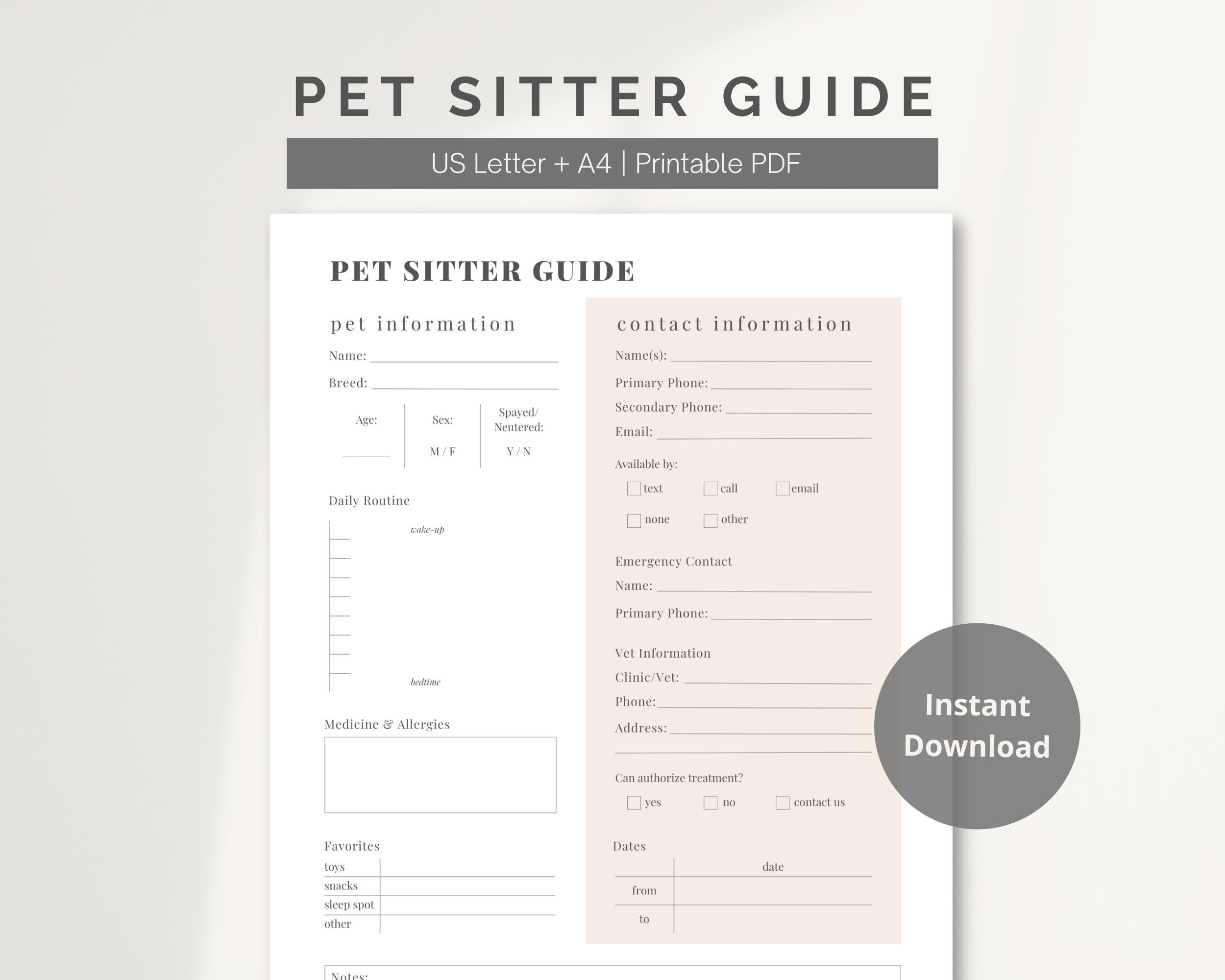Pet Sitter Instructions Printable PDF | Owner Info Template (dog, Cat ...