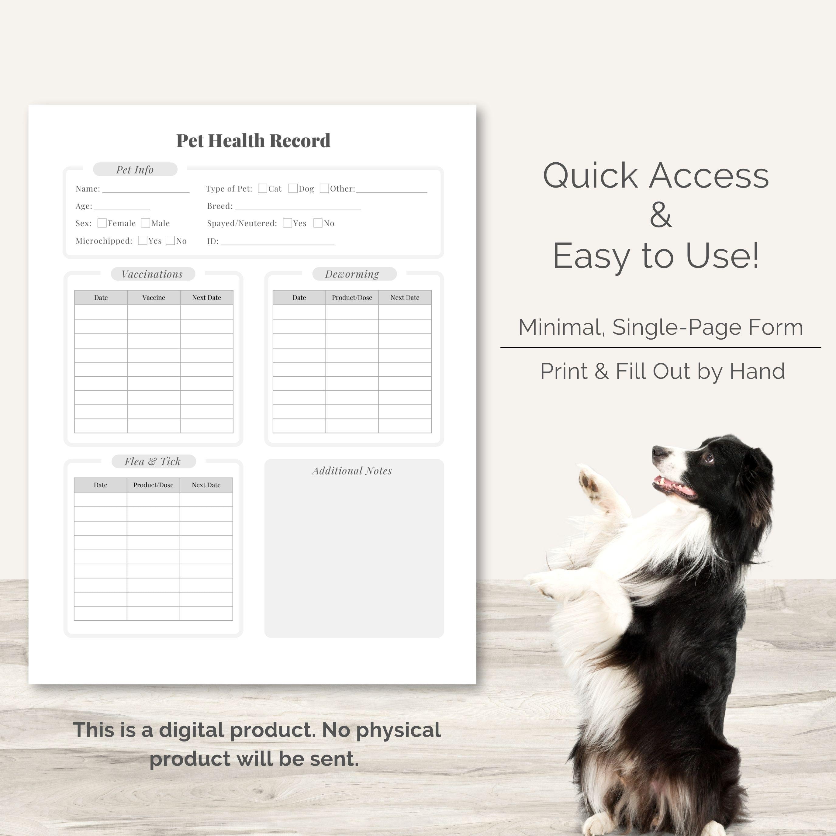 Pet Health Record Printable PDF | Owner Info Template (dog, Cat, or ...