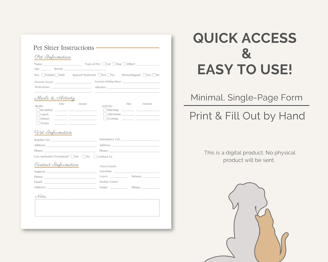 Pet Sitter Instructions Printable PDF | Owner Info Template (dog, Cat ...