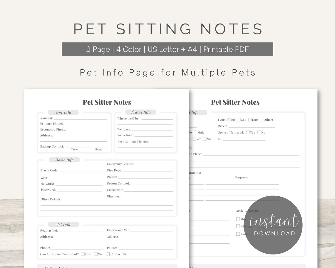 Pet Sitter Notes Printable PDF 2pg Owner Info Template dog, Cat, or ...