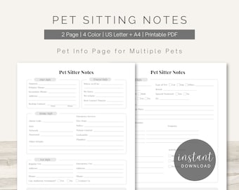 Pet Sitter Instructions Printable PDF | Owner Info Template (dog, Cat ...