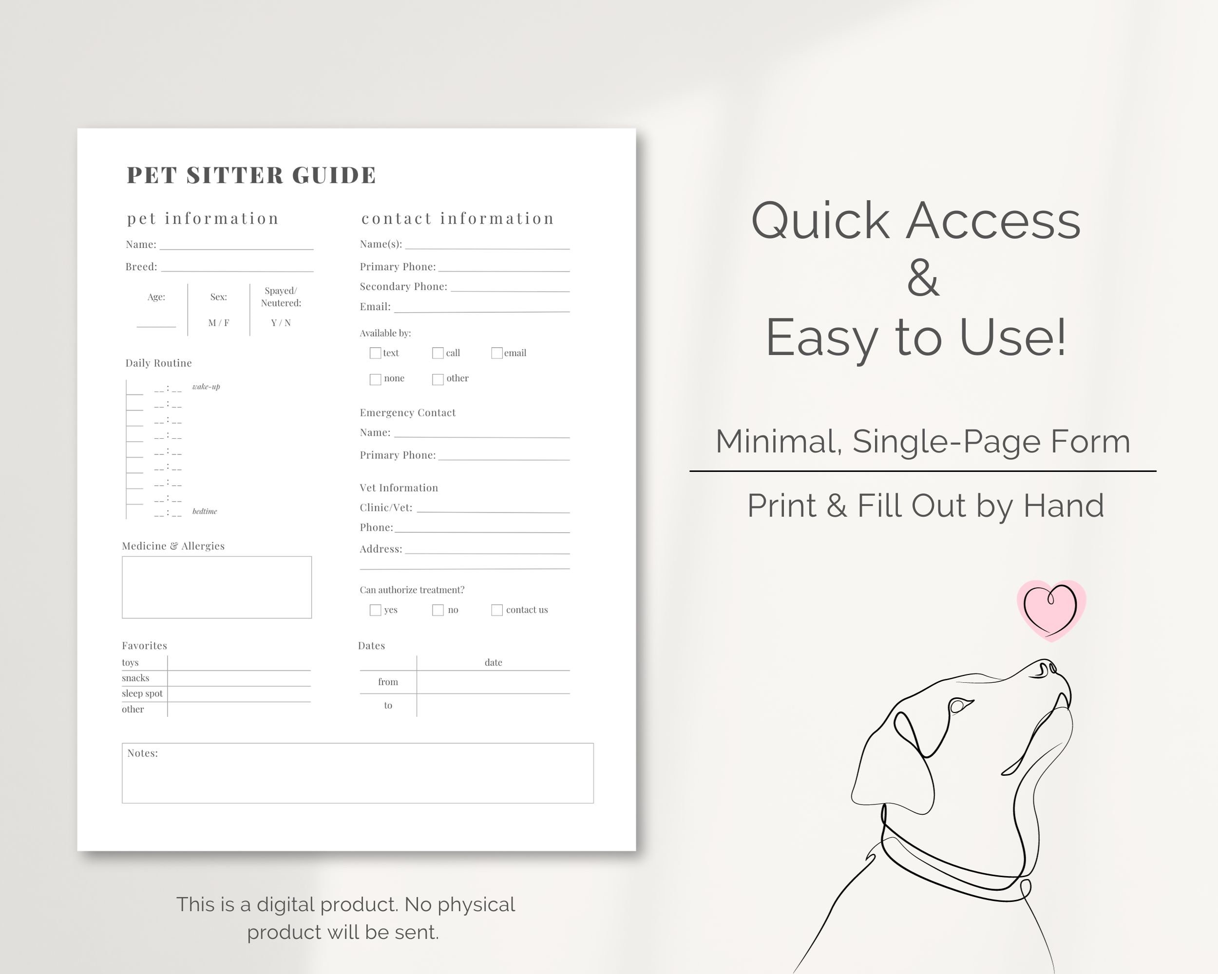 Pet Sitter Instructions Printable PDF Owner Info Template dog, Cat ...