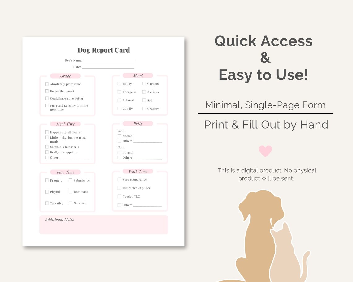 Dog Report Card Printable PDF Pet Owner Info Editable Template Pet ...