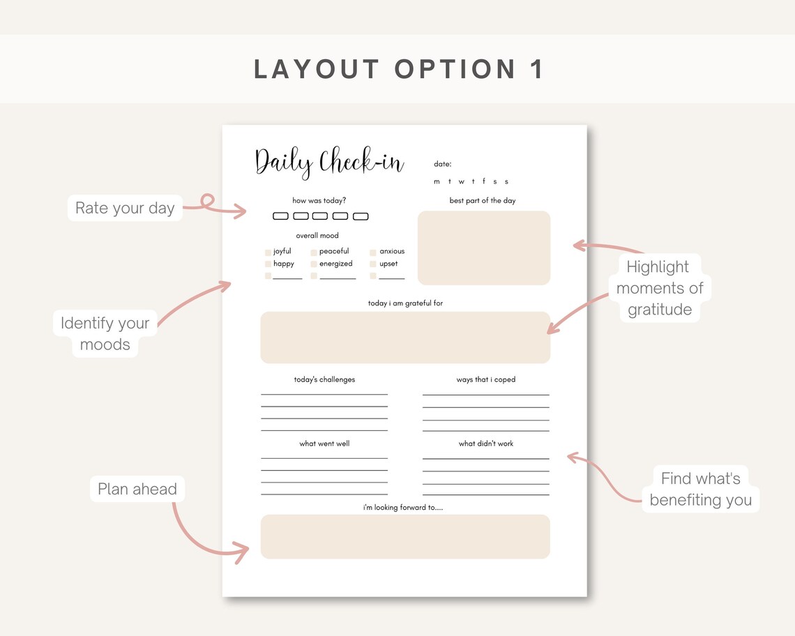 Daily Mood Check in Printable PDF Gratitude Journal Page for Self Care ...