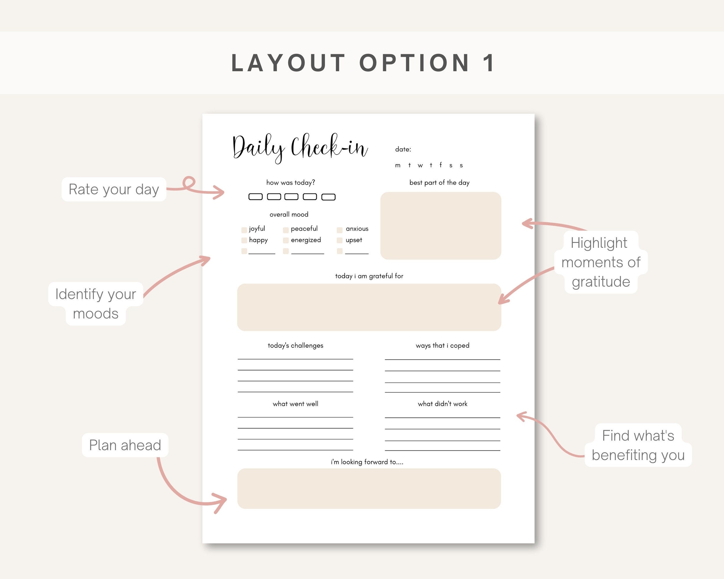 Daily Mood Check in Printable PDF Gratitude Journal Page for Self Care ...