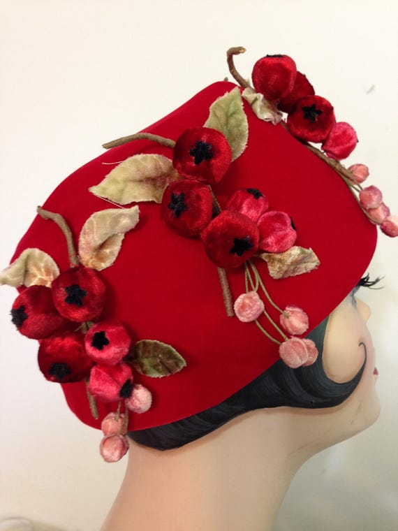 Vintage Red Velvet Cherry Lady's Hat - Gem