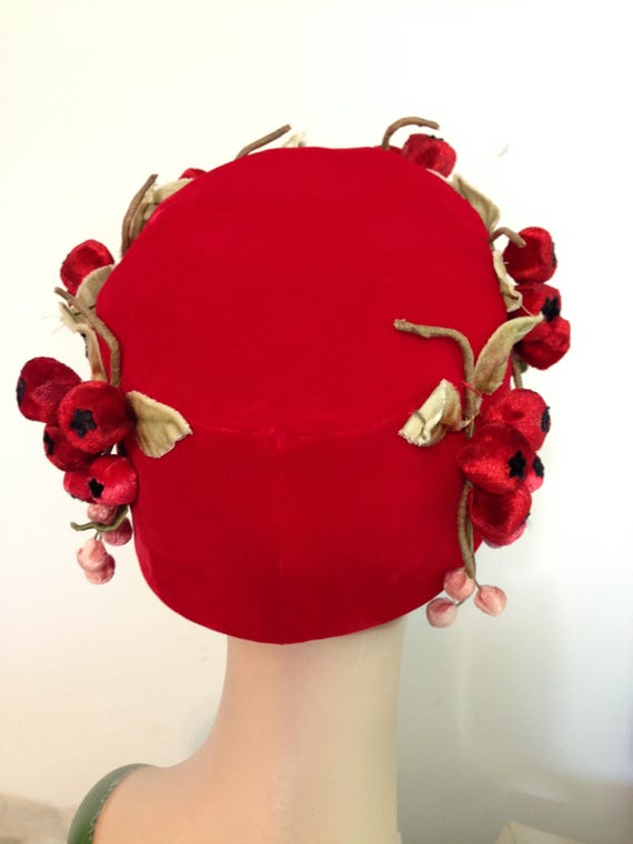 Vintage Red Velvet Cherry Lady's Hat - Gem