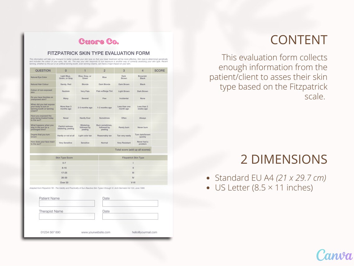 Fitzpatrick Skin Type Evaluation Form. Skin Type Questionnaire. Laser ...