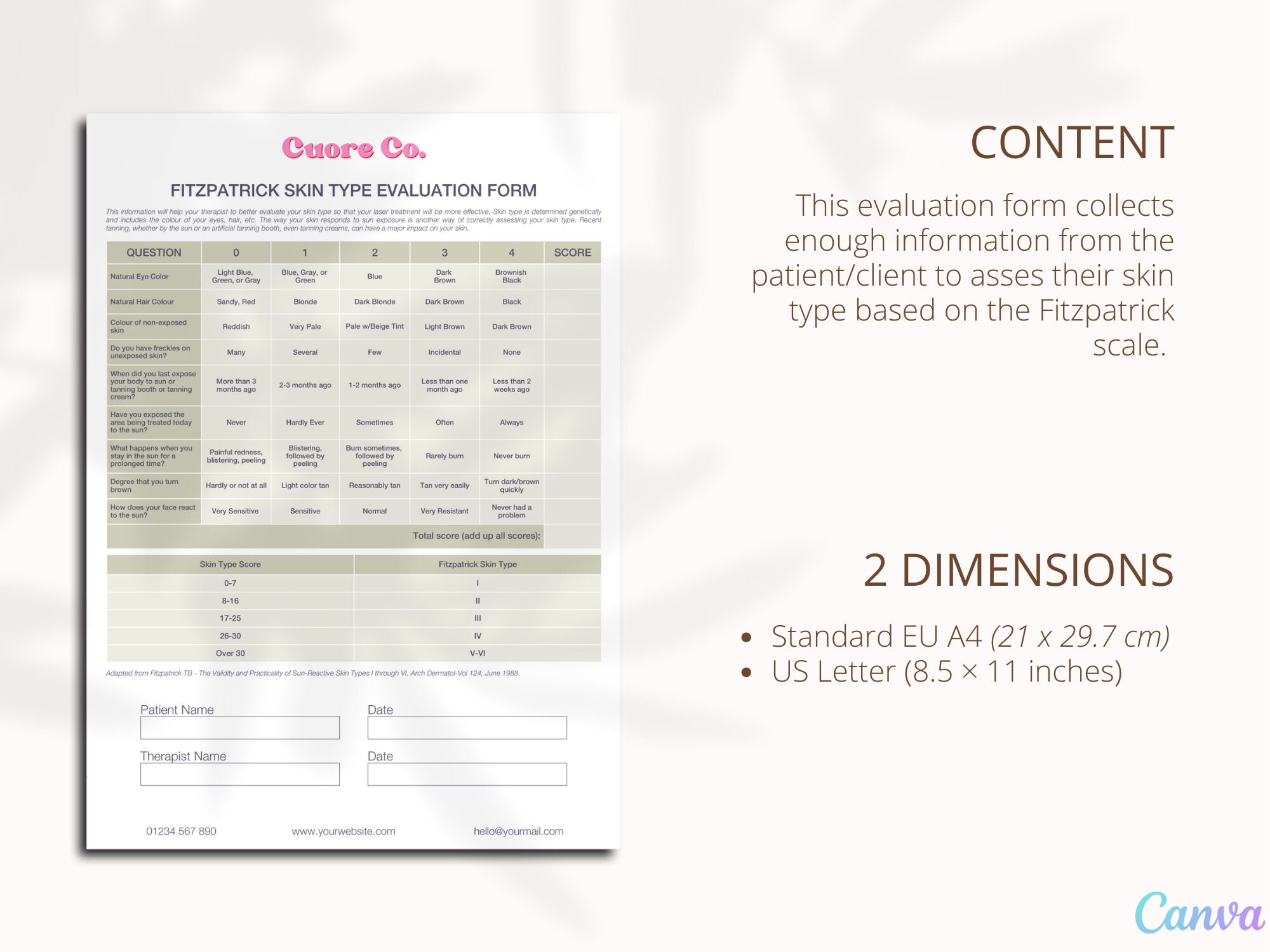 Fitzpatrick Skin Type Evaluation Form. Skin Type Questionnaire. Laser ...