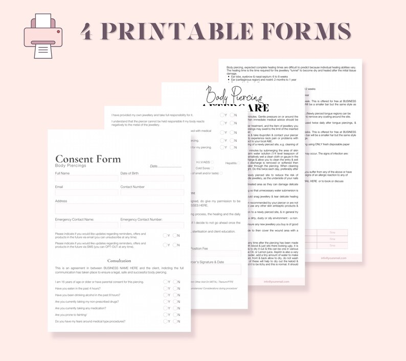 Body Piercing Forms. Informed Consent & Aftercare Advice. Client Intake ...