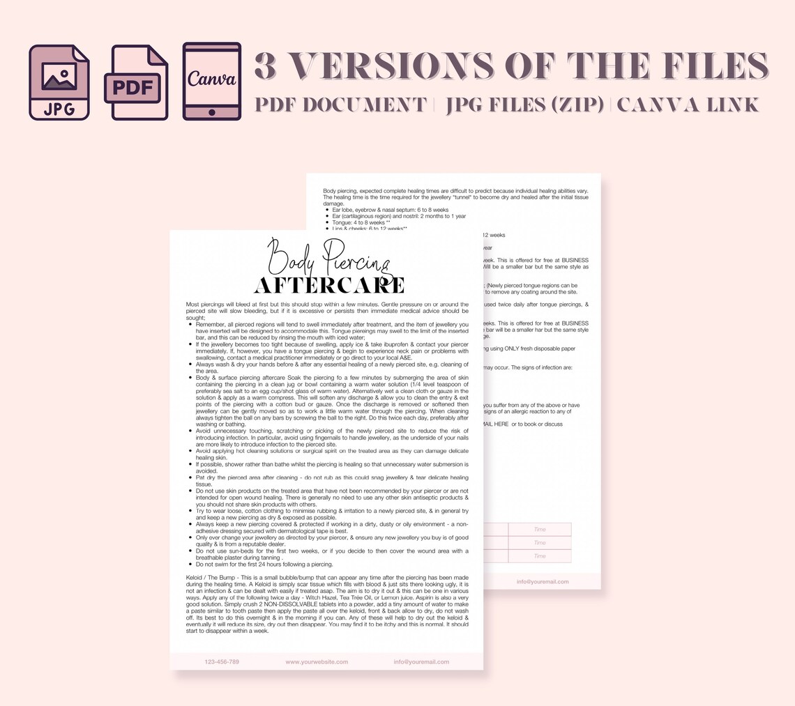 Body Piercing Forms. Informed Consent & Aftercare Advice. - Etsy