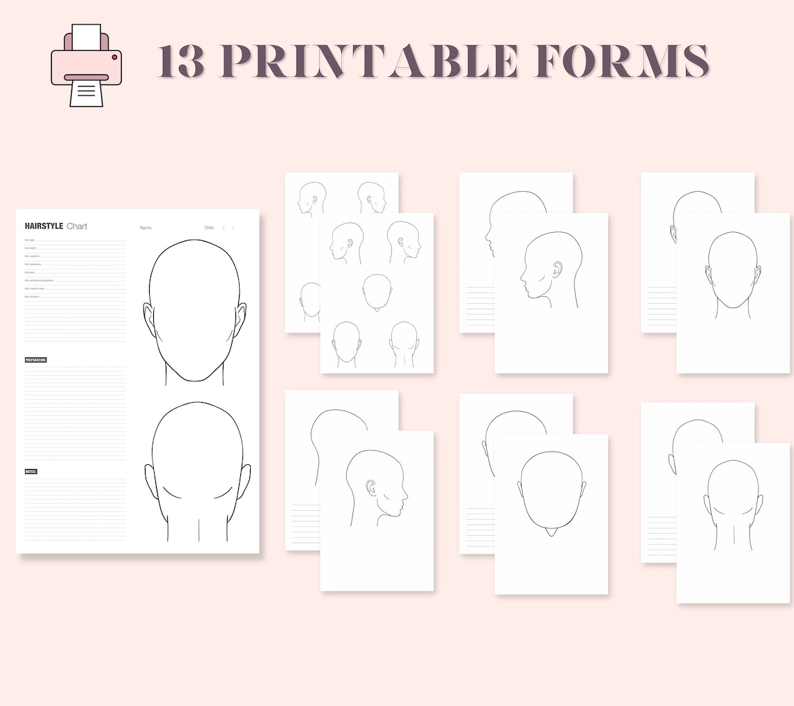 Printable Hairstyle Chart and Head Sheets. Hairdressing Head Sheets ...