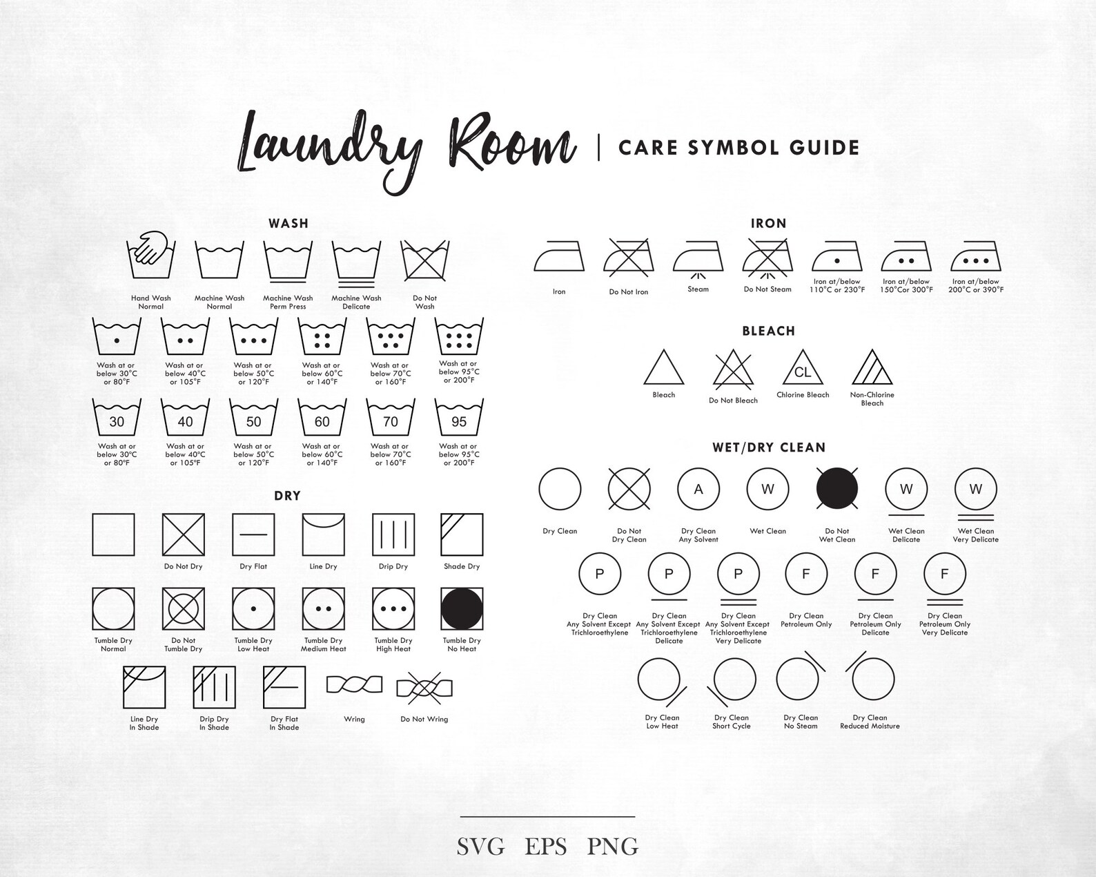 Complete Laundry Care Symbol Icons Set and Digital Prints - Wash ...