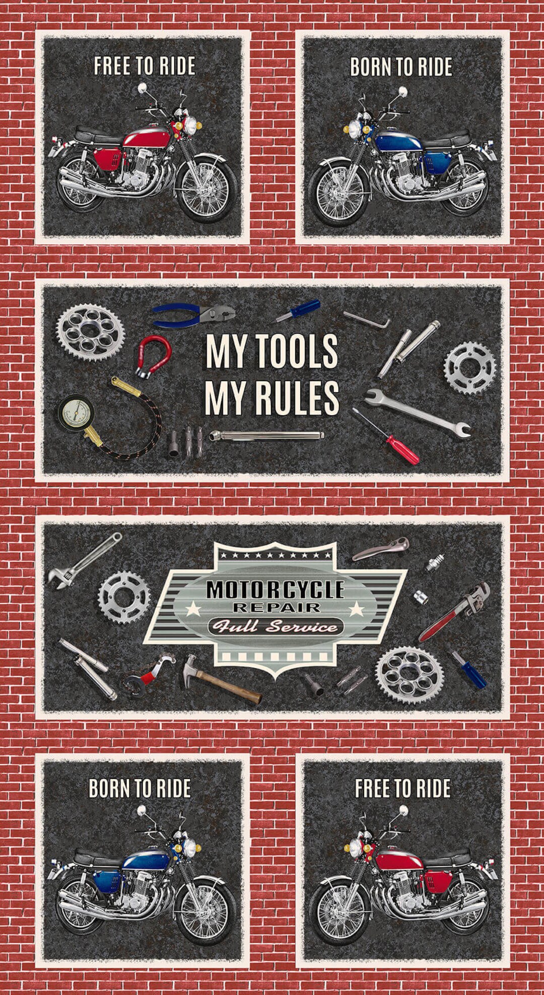 My Tools My Rules Brick Motorcycle Panel by Henry Glass Fabrics ...