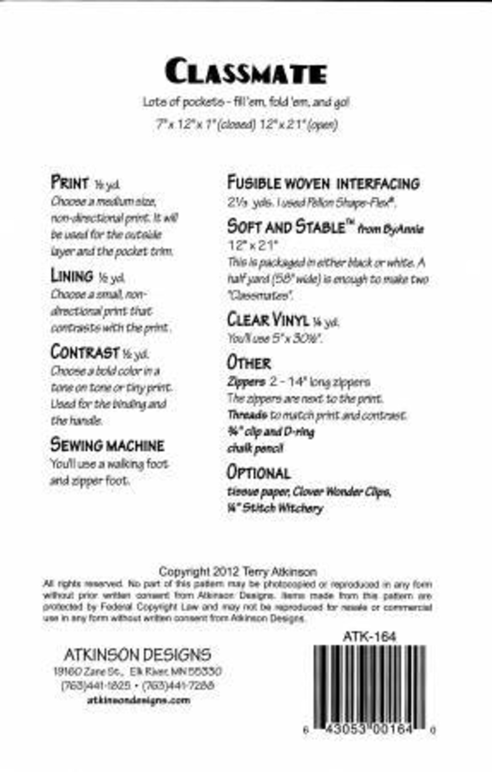 Classmate Bag Pattern by Atkinson Designs Printed Quilt - Etsy