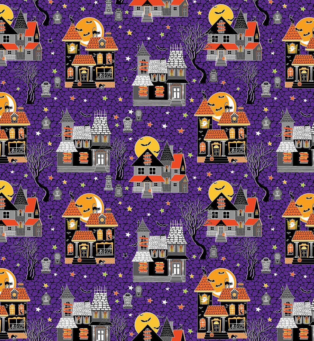 Glow-o-ween Haunted Houses Purple by Kanvas Studio for Benartex ...