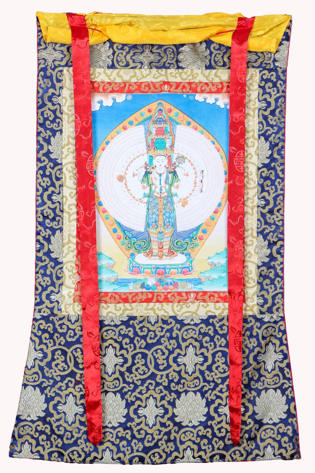 Avalokiteshvara Broacde Thangka | Hand Painted Tibetan Painting With ...
