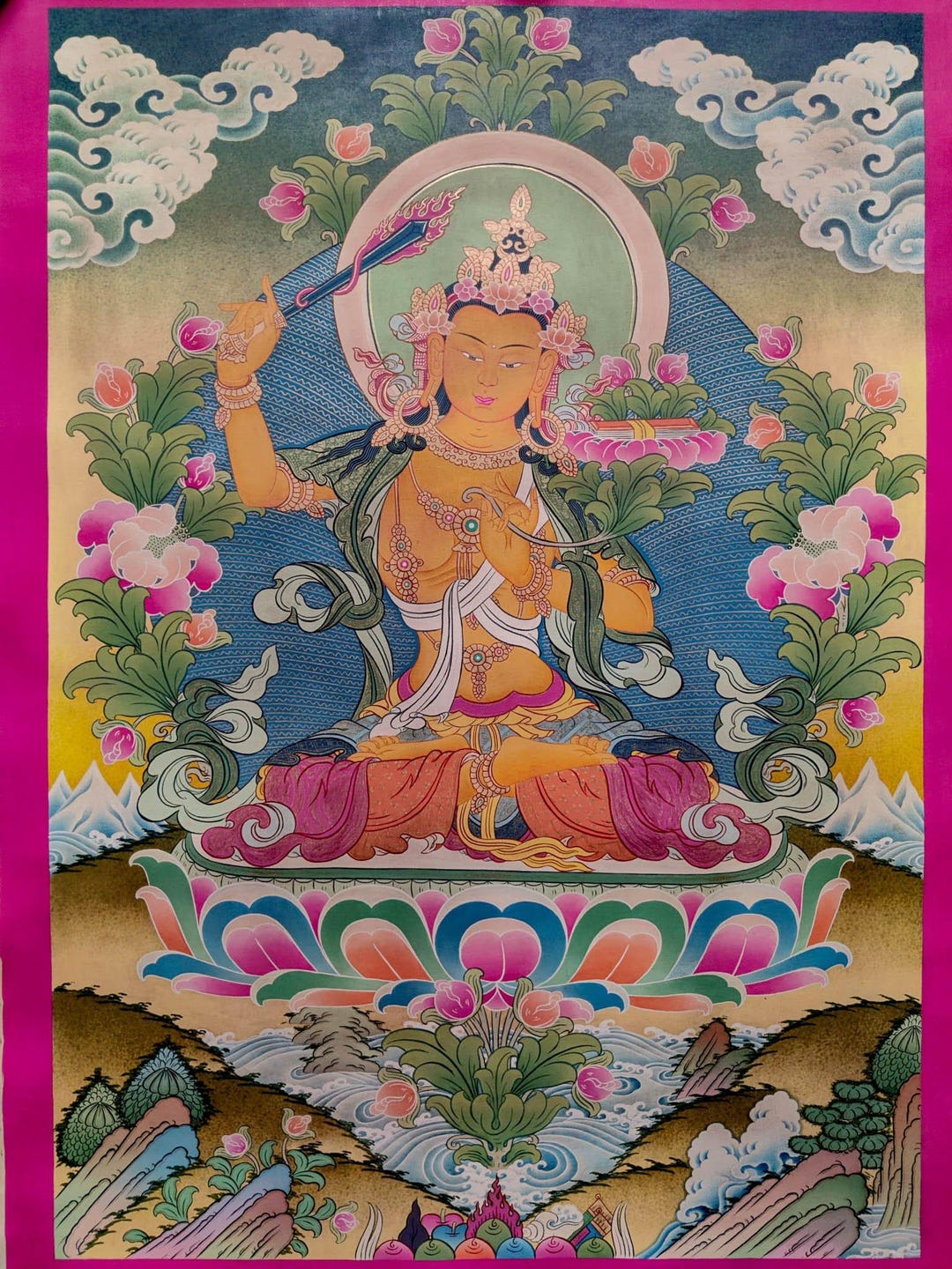 Manjushri Thangka Painting With Sword of Ignorance and Prajna Antique ...