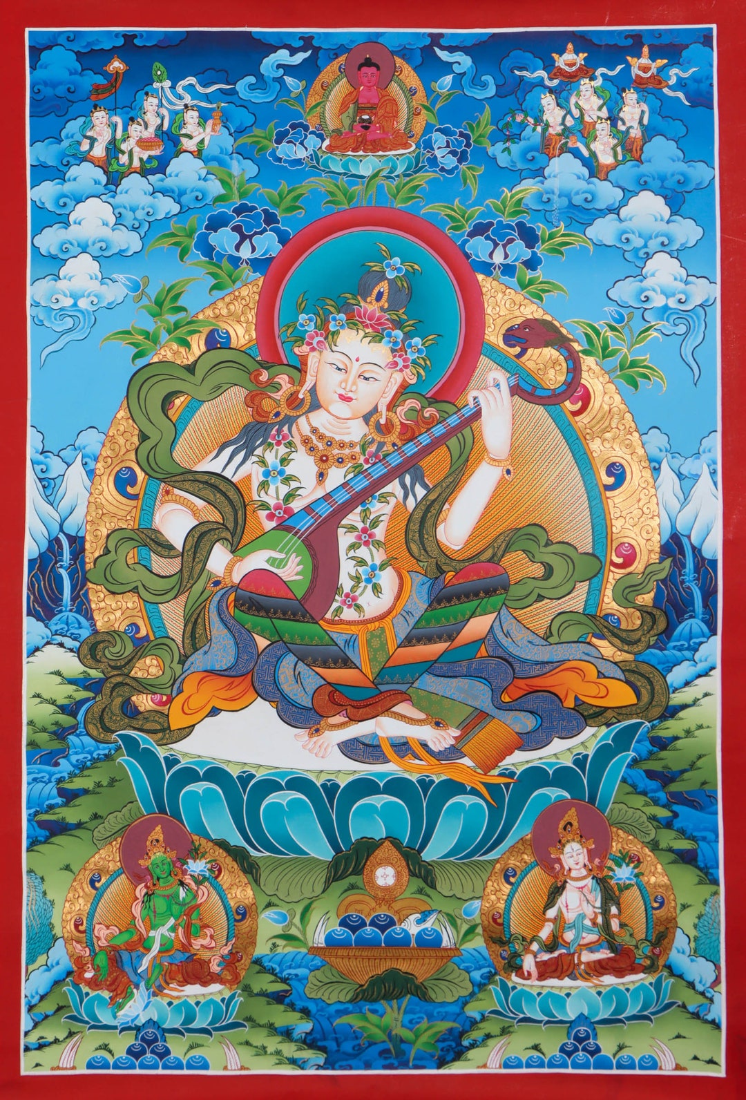 Hindu Goddess Thangka Painting of Saraswoti in Cotton Canvas for Wall ...
