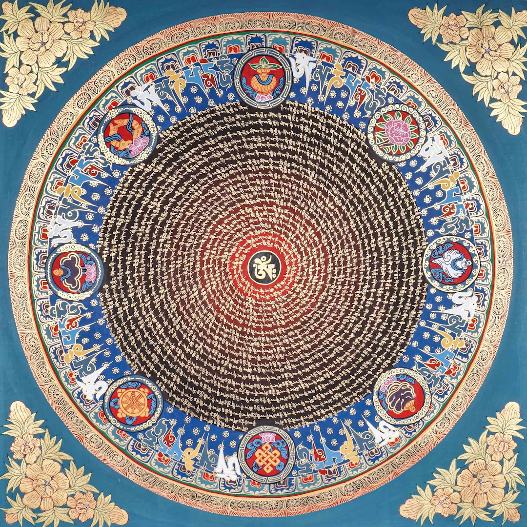 Hand-painted Mantra Mandala Thangka | Tibetan Painting Featuring Sacred ...