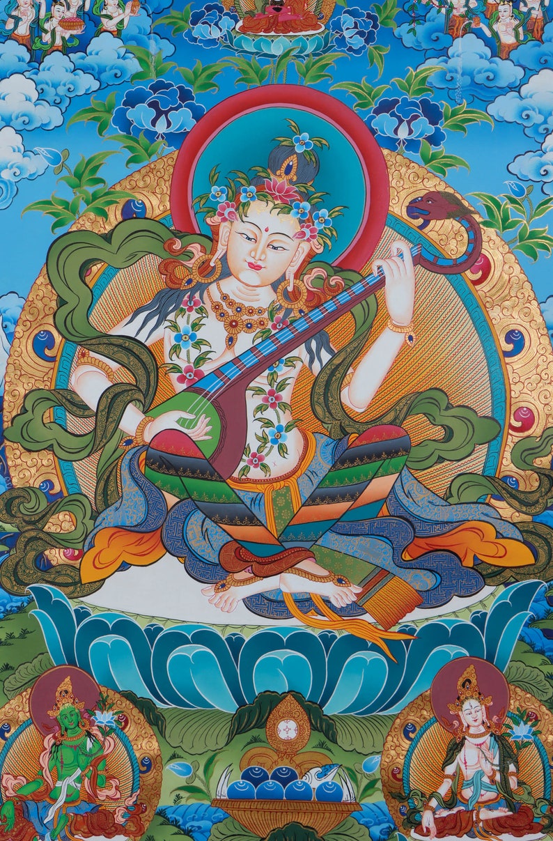 Hindu Goddess Thangka Painting of Saraswoti in Cotton Canvas - Etsy