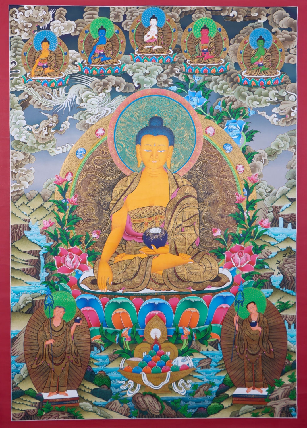 Genuine Hand Painted Buddha Thangka Art With 5 Buddha for Good Luck ...