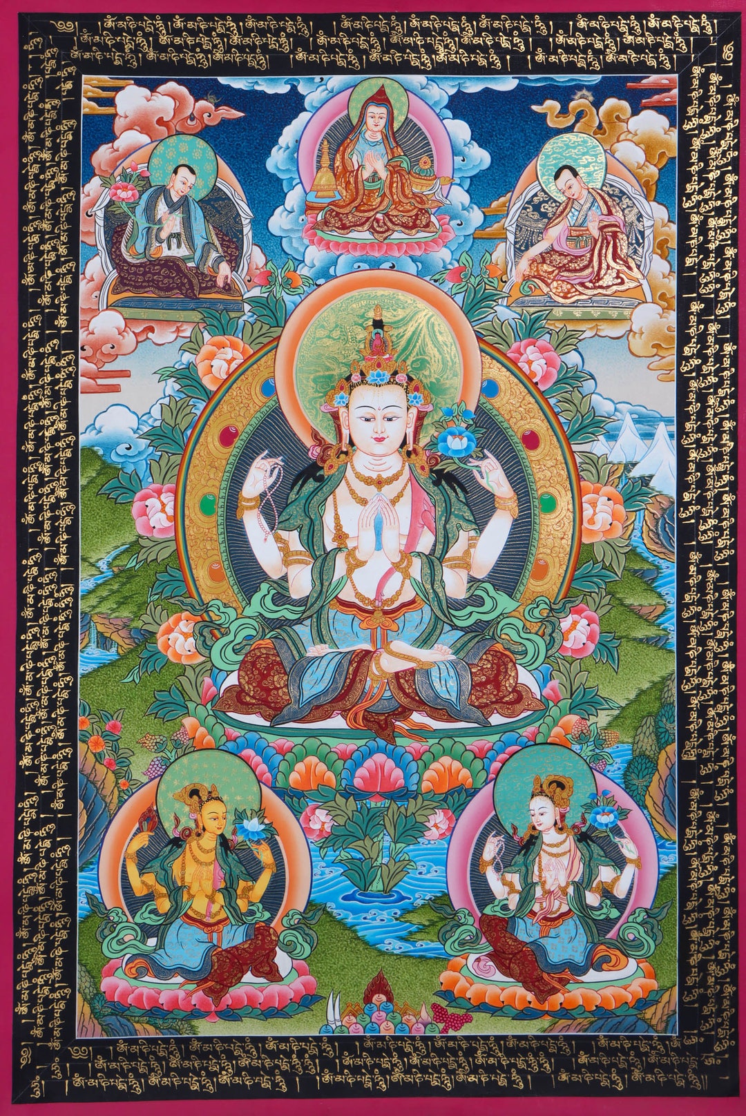 Chenrezig Tibetan Thangka Painting for Meditation and Buddhism Practice of Compassion Spiritual ...