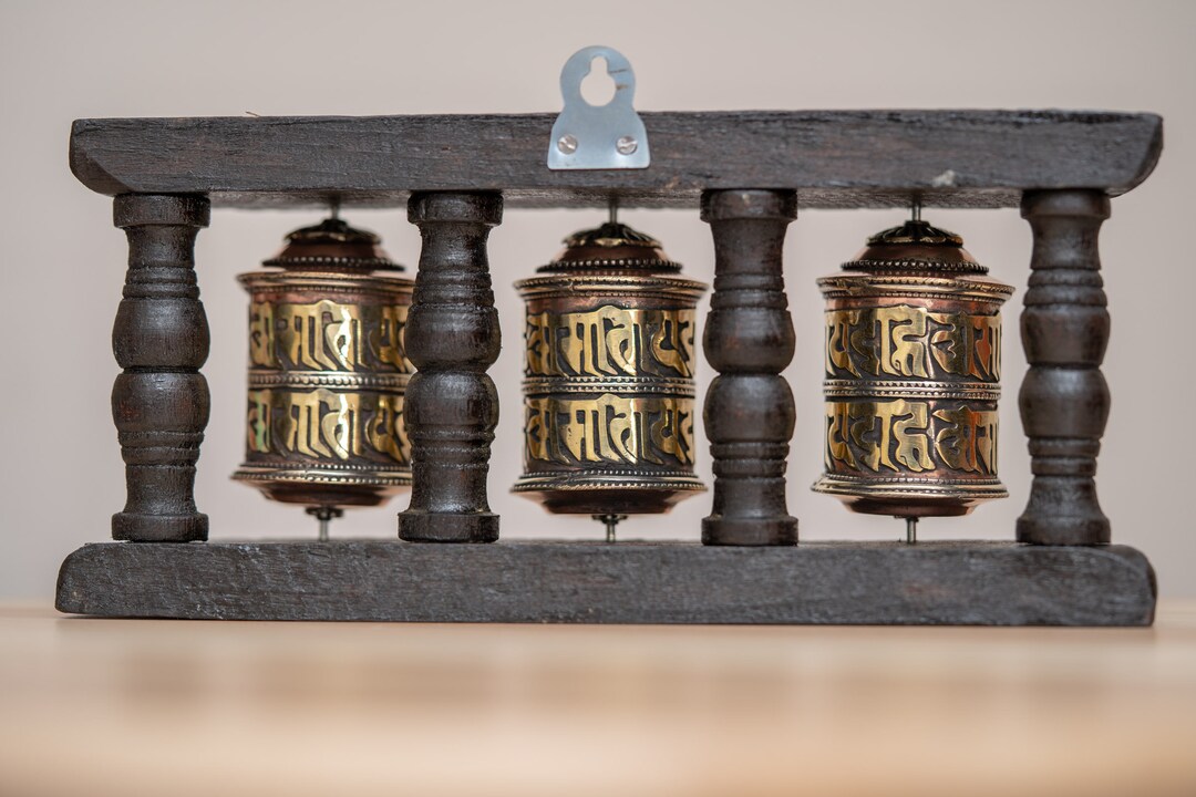 Tibetan Prayer Wheel 3 Wheel Wood Stand With Om Mane Padme Hum Mantra ...
