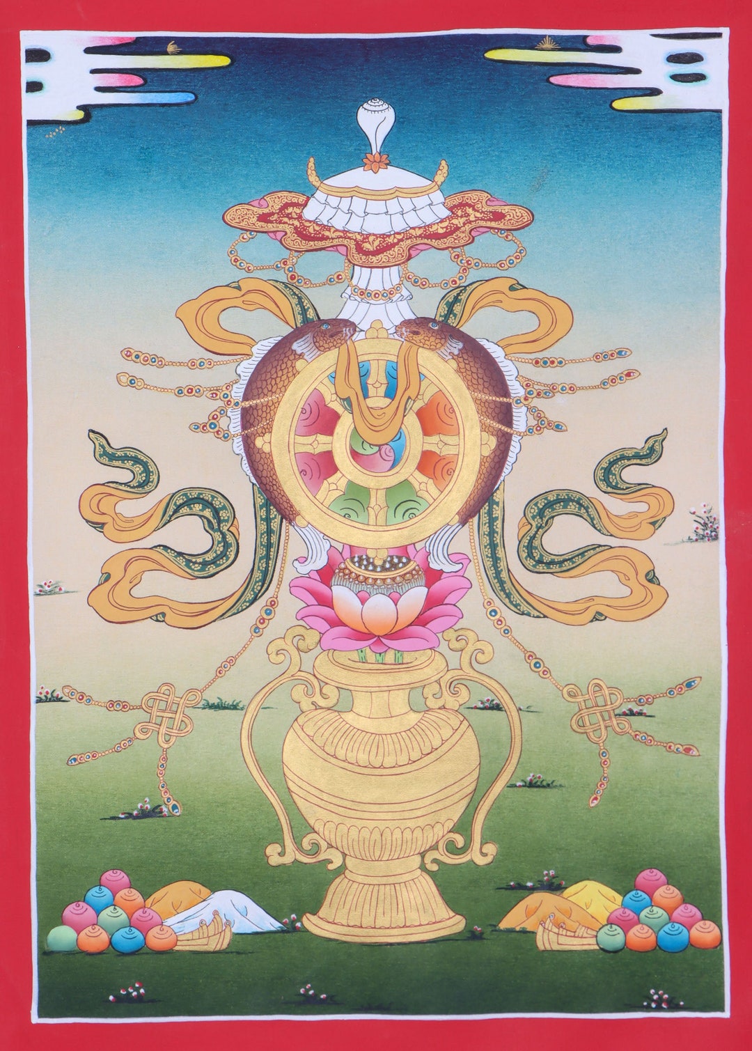 8 Auspicious Symbols Asthamangal Thangka Genuine Handpainted Tibetan ...