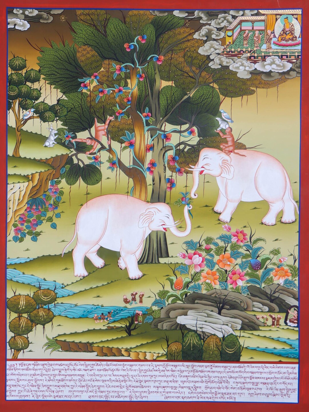 4 Harmonious Friends Thangka - Thangka Story of Elephant, Hare ...