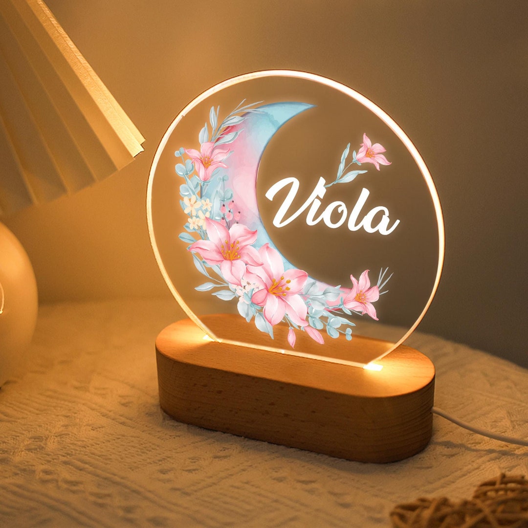 Personalized Flowers Moon Light Up,floral Moon Acrylic Night Light,baby ...