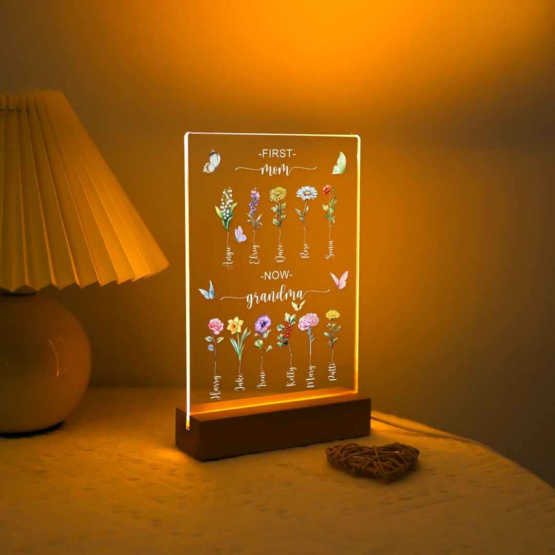Personalised Night Light Mom Gift With Base, Birth Flower Night Lamp ...