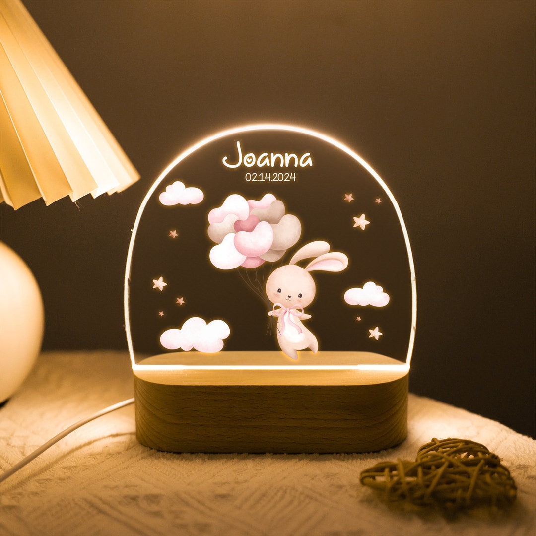 Cute Rabbit Personalized Name Night Light Acrylic LED Light Gift Wooden ...