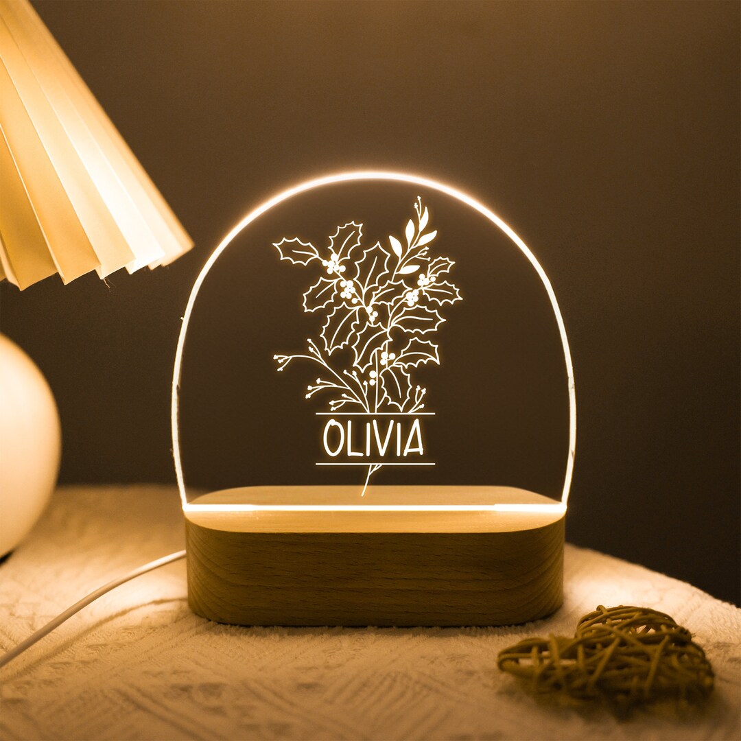 Birth Flower Night Light With Name, Acrylic LED Light Gift Wooden Base ...