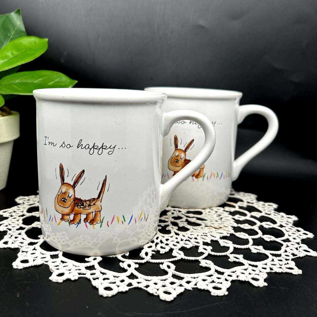 Vintage Hallmark Stoneware Coffee Mugs, “i’m so Happy”, Dog Design, Set ...