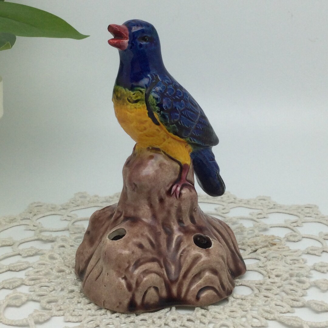 Vintage Hand Pinted Ceramic Pottery Yellow Breasted Blue Bird 5 Hole ...