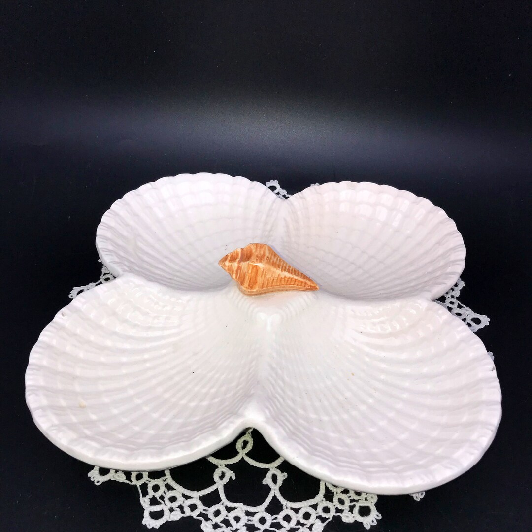 Vintage Glazed Ceramic Sea Shell With 3-D Applied Conch Shell Four ...