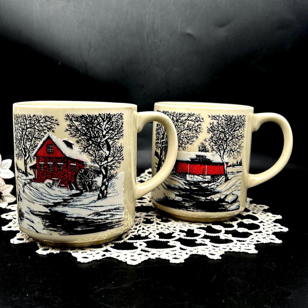 Vintage Stoneware Coffee Mugs Set, Snowy Red Barn Scene, JAPAN - Etsy