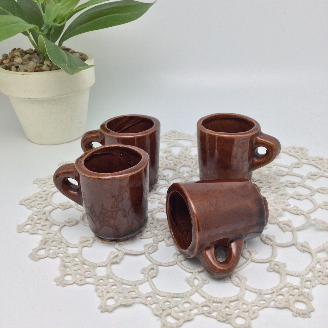 Set of 4 Miniature Brown Japanese Redware Pottery Mug Cup, Barware ...