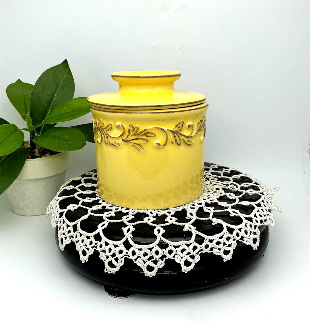 Stoneware Butter Bell Crock Yellow Embossed Vining Design, Butter ...