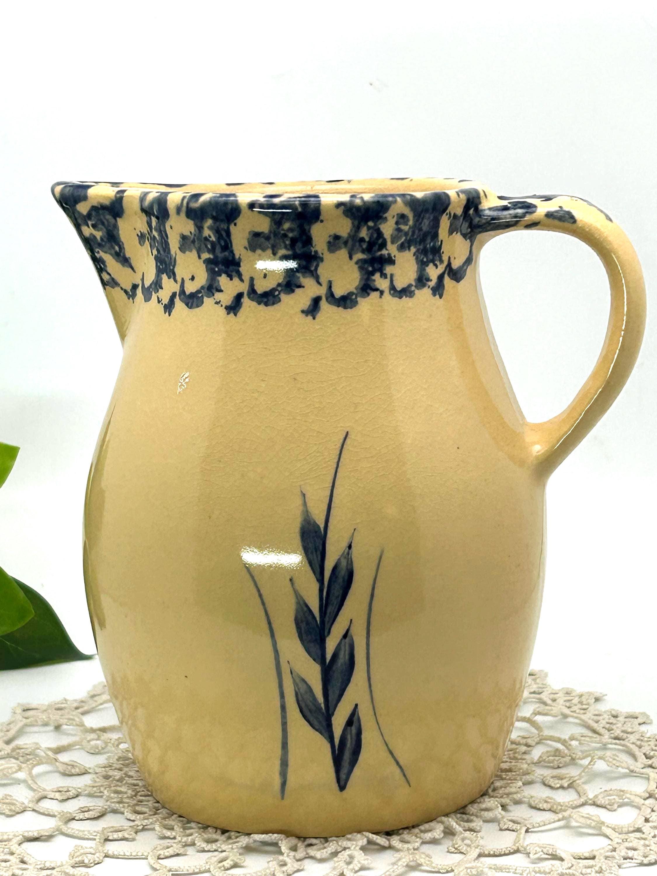 Vintage Robinson Ransbottom Stoneware Pitcher, Blue Sponge Painted ...