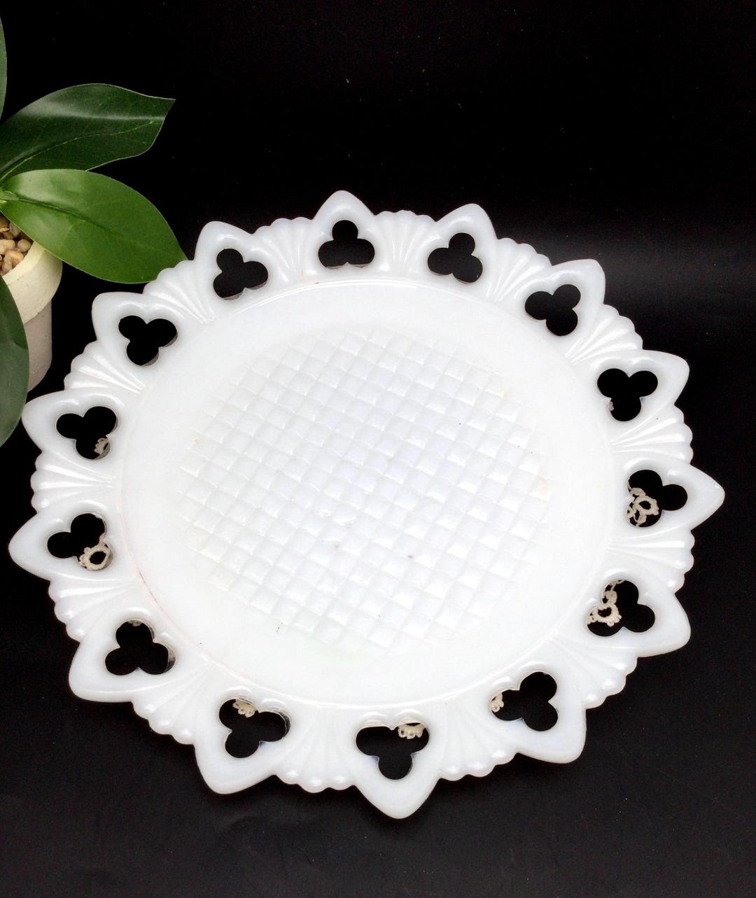 Vintage White Milk Glass Decorative Plate, Trefoil or Pieced Clubs With ...
