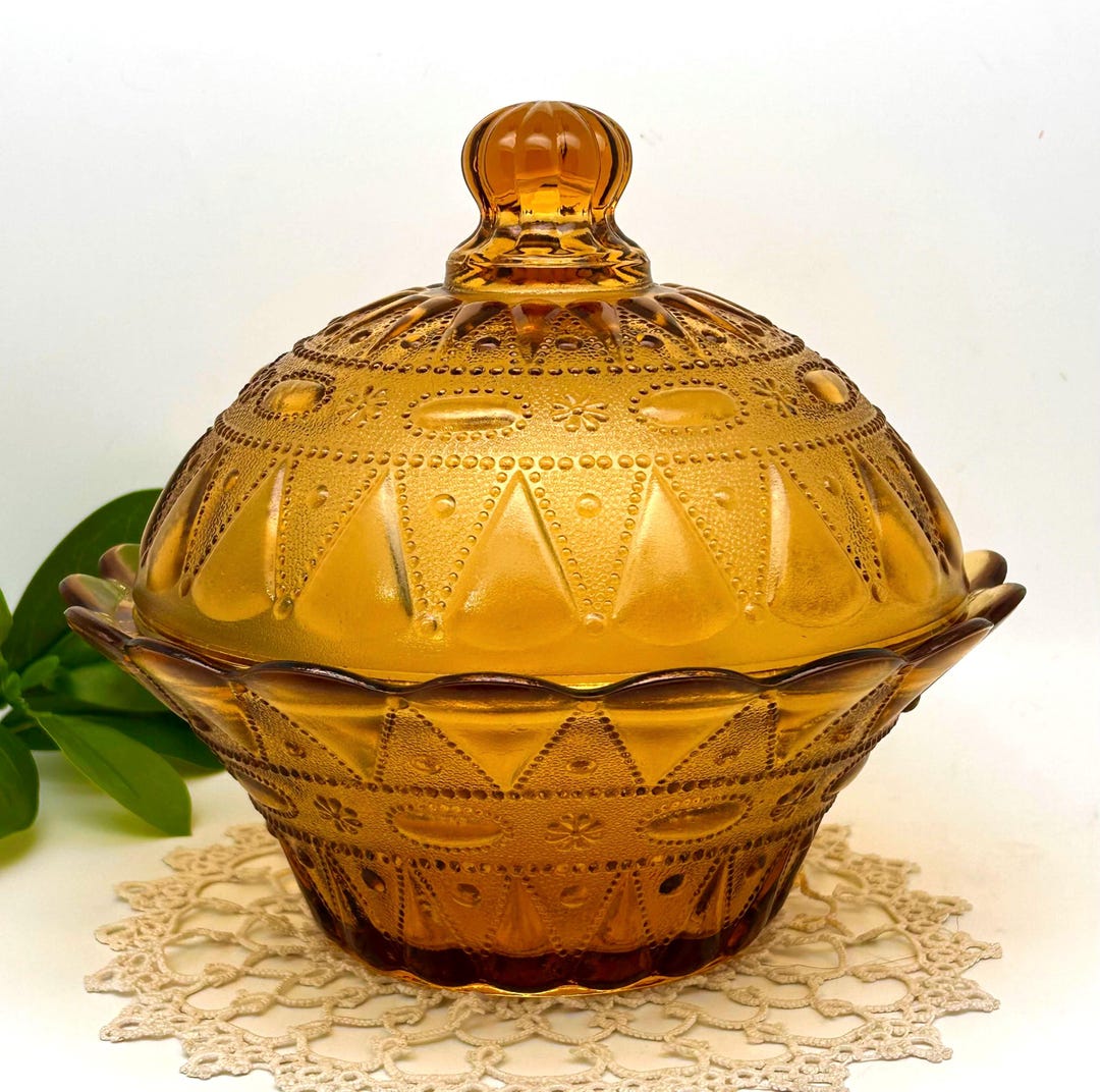 Vintage Kemble Wheaton Amber Glass Candy Dish, Lace & Dewdrop, USA - Etsy