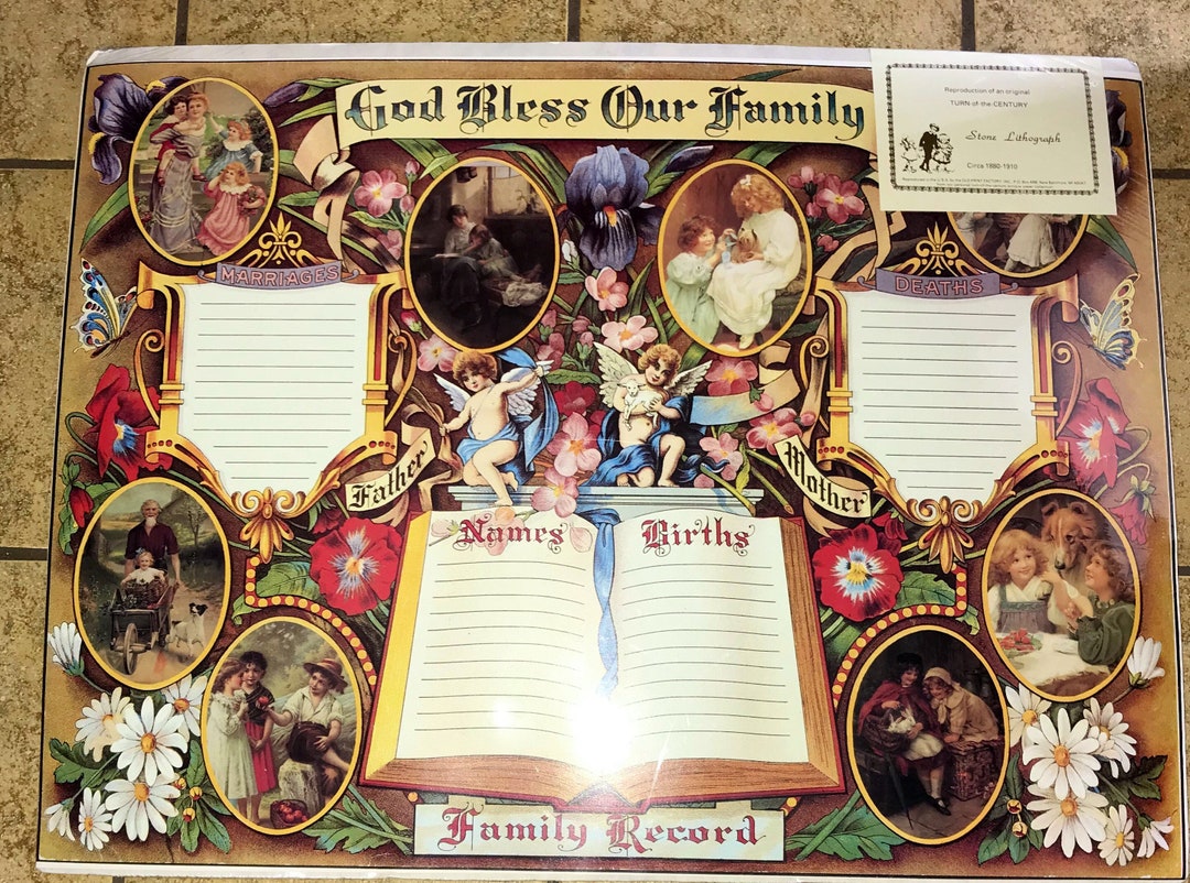 Vintage Family Tree Biblical Color Stone Lithograph Blank Bible Family ...