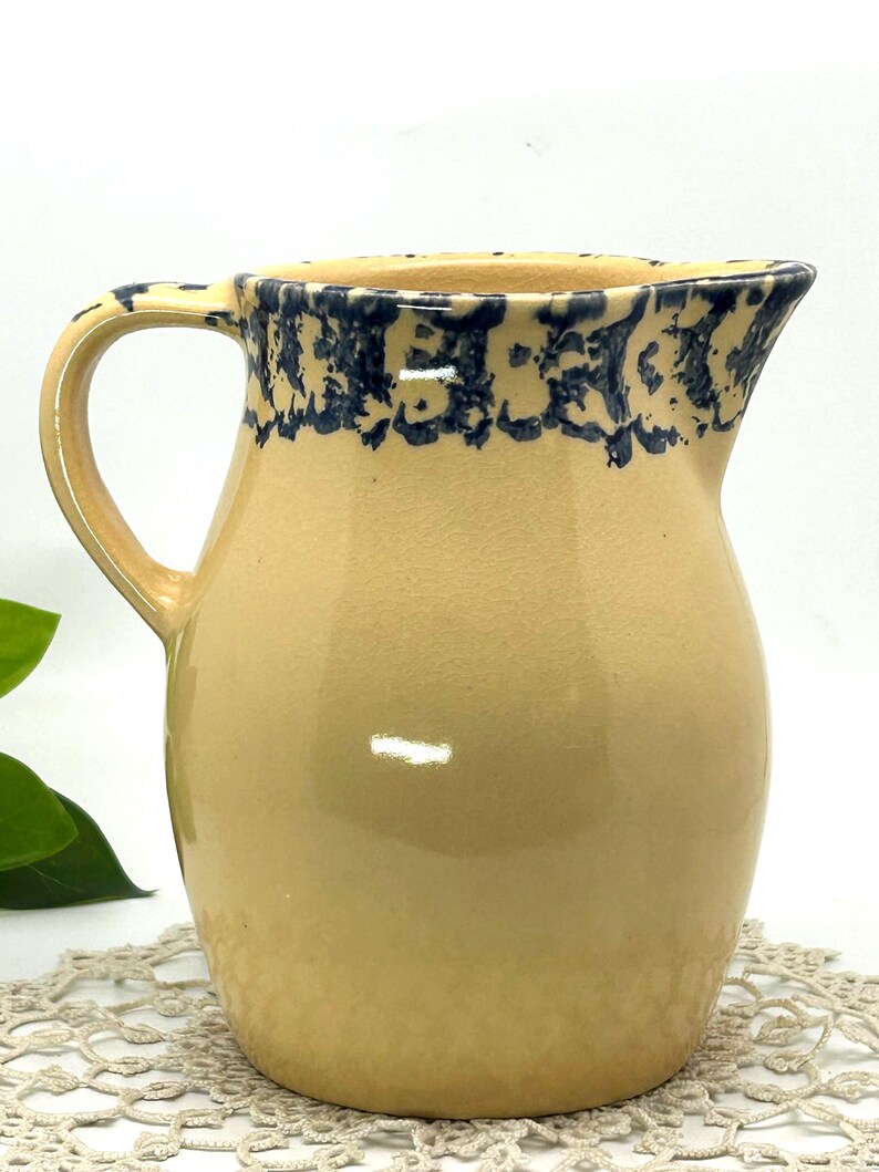 Vintage Robinson Ransbottom Stoneware Pitcher, Blue Sponge Painted ...